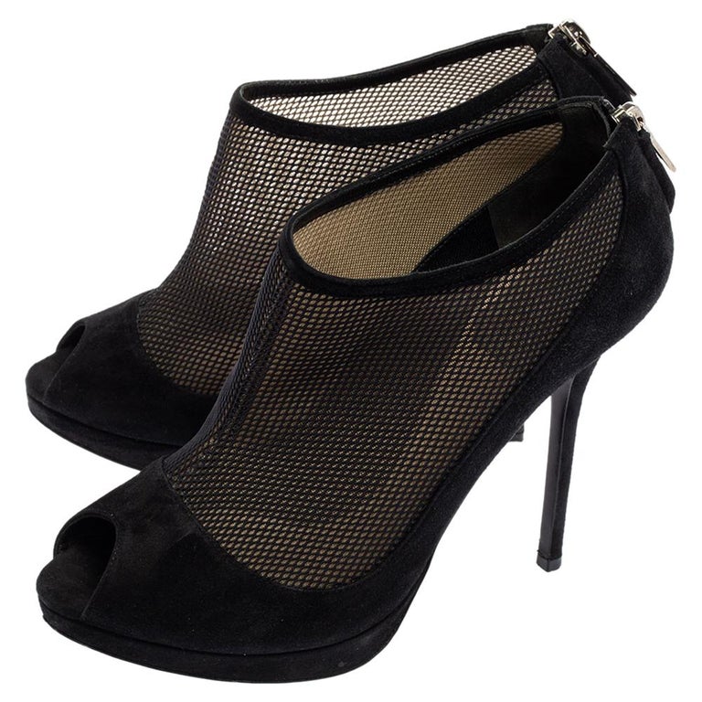 Dior Black Suede And Mesh Peep Toe Platform Booties Size 37.5 at 1stDibs