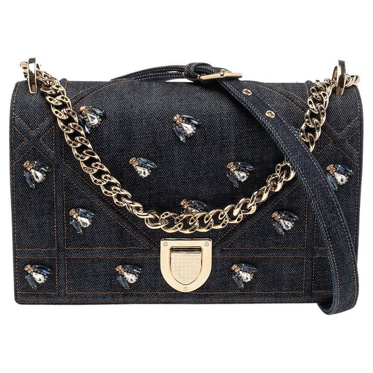 Dior Blue Denim Crystal Embellished Medium Diorama Flap Shoulder Bag at ...