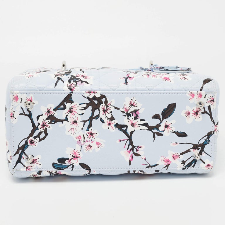 Dior Blue Floral Print Leather Medium Lady Dior Tote For Sale at 1stDibs