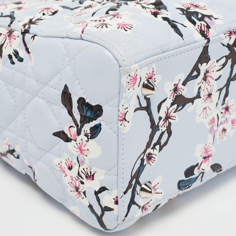 Dior Blue Floral Print Leather Medium Lady Dior Tote For Sale at 1stDibs