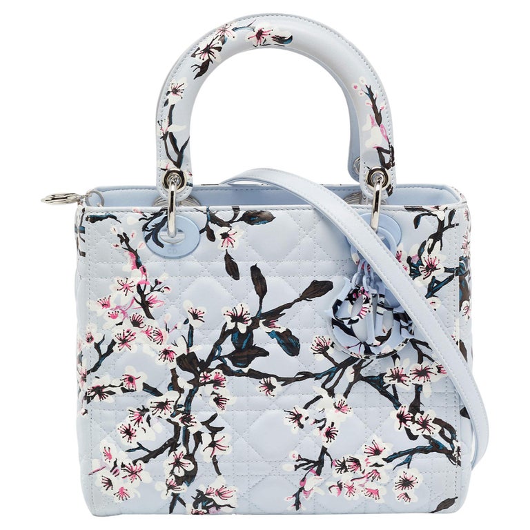Dior Blue Floral Print Leather Medium Lady Dior Tote For Sale at 1stDibs