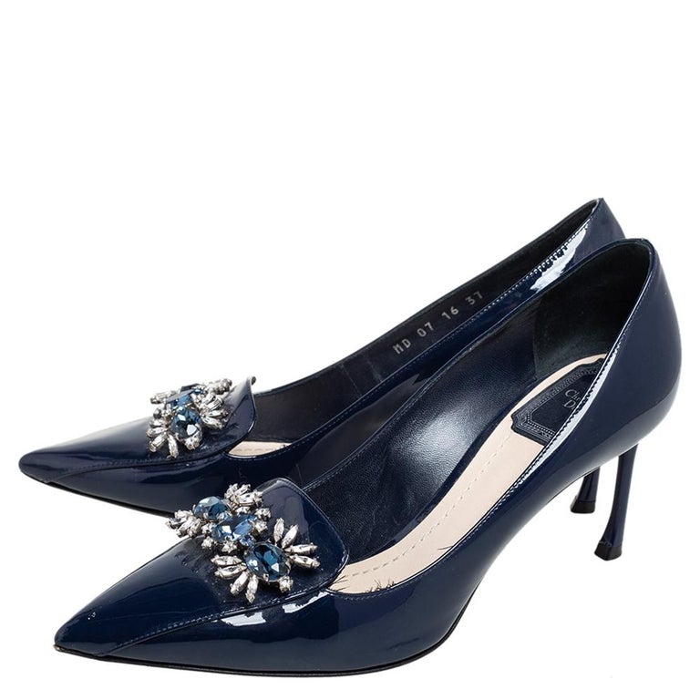 Dior Blue Patent Leather Crystal Embellished Pointed Toe Pumps Size 37 ...