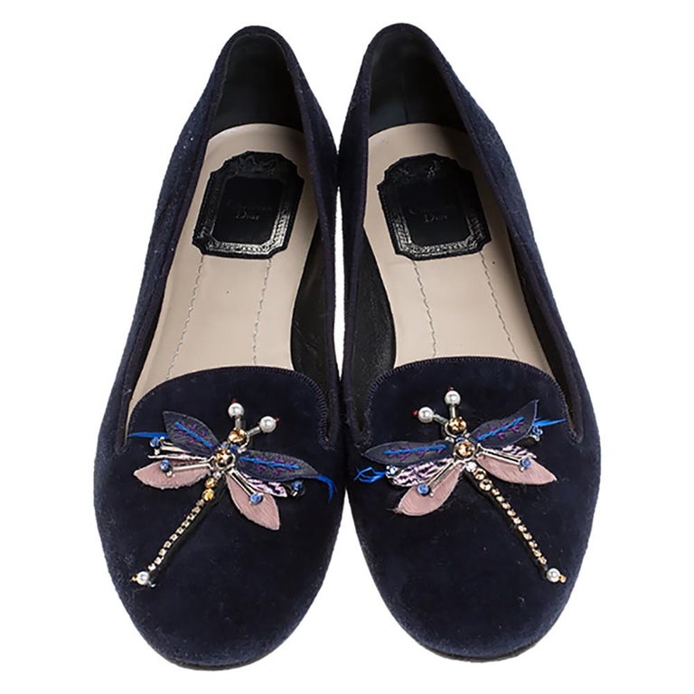 Dior Blue Suede Butterfly Embellished Smoking Slippers Size 38 at 1stDibs