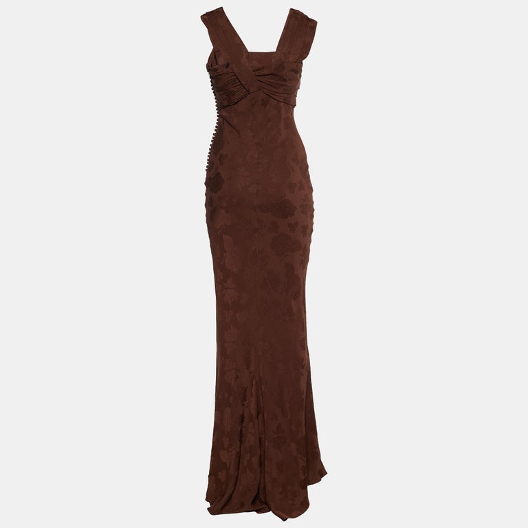 Dior Brown Floral Print Silk Button Detail Dress M at 1stDibs