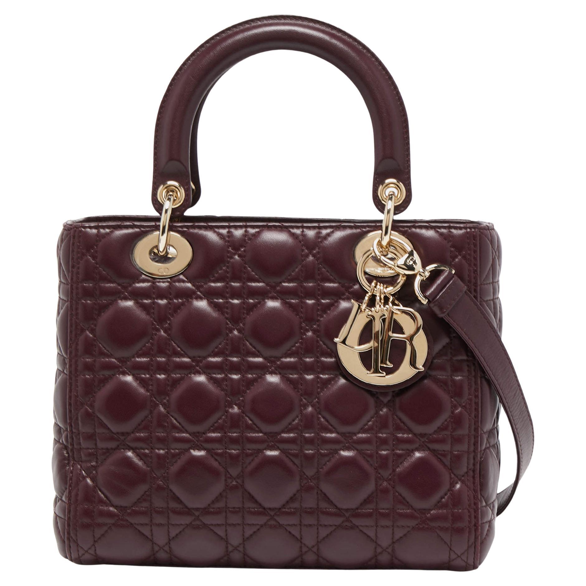 Dior Burgundy Cannage Leather Medium Lady Dior Tote For Sale at 1stDibs