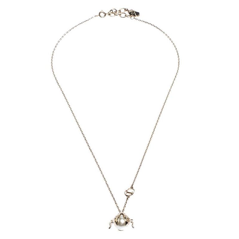 Dior Crystal Faux Pearl Lady Bug Gold Tone Pendant Necklace For Sale at ...