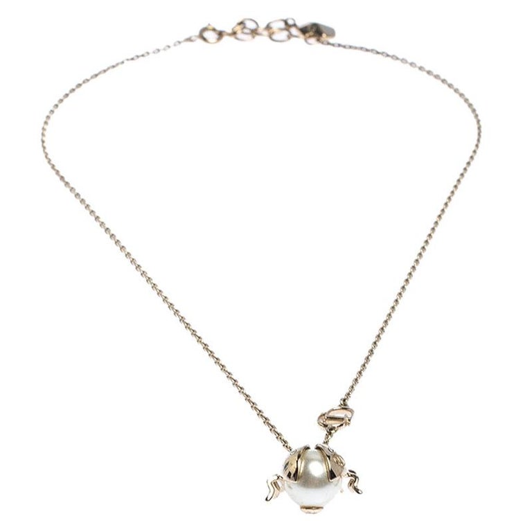 Dior Crystal Faux Pearl Lady Bug Gold Tone Pendant Necklace For Sale at ...