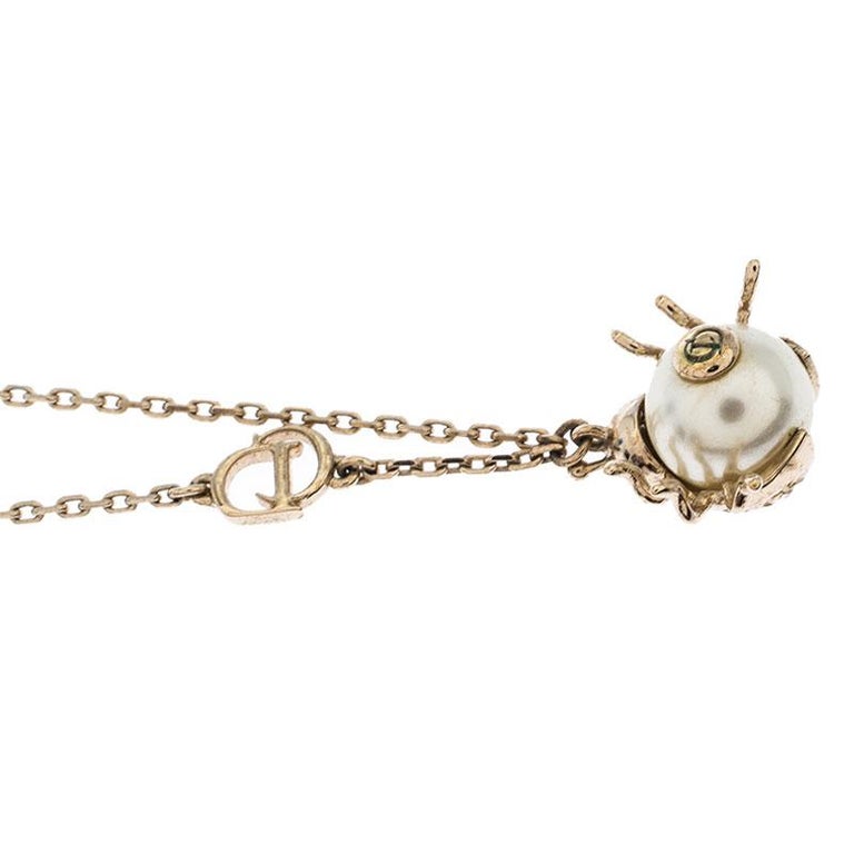 Dior Crystal Faux Pearl Lady Bug Gold Tone Pendant Necklace For Sale at ...
