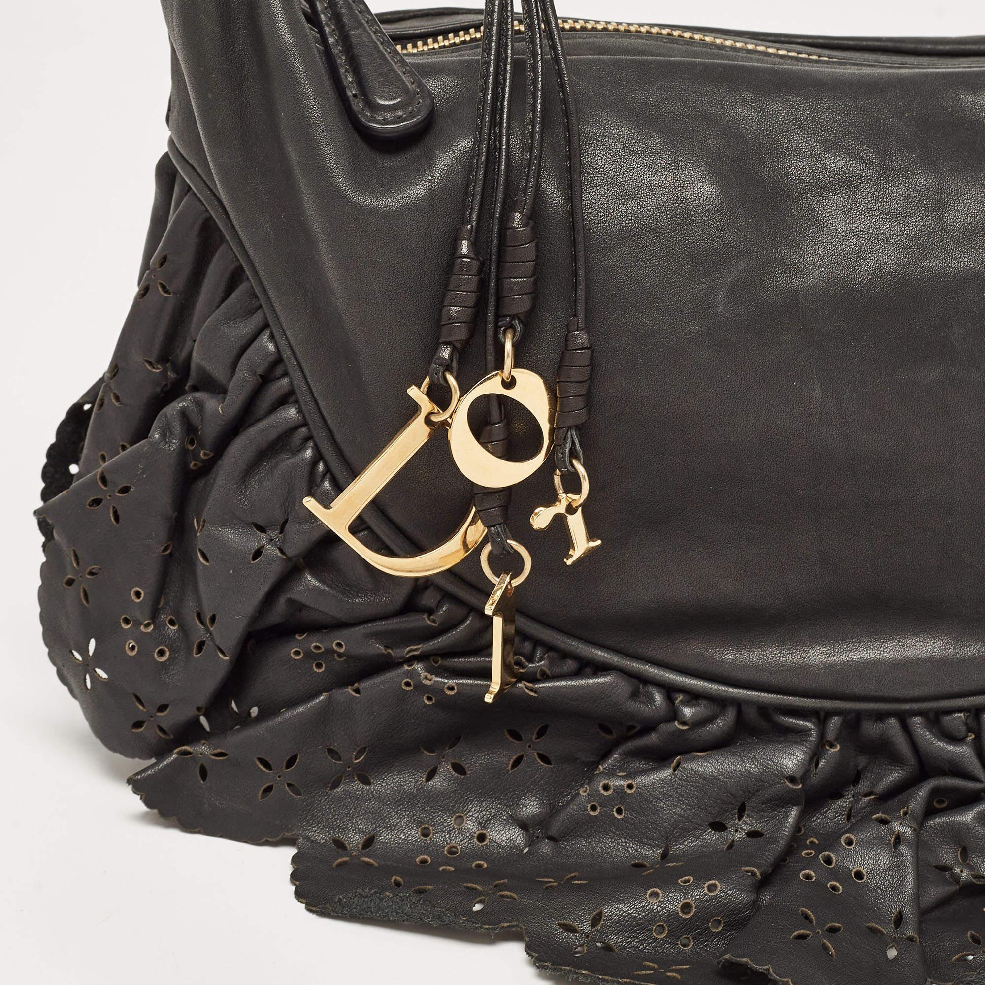 Dior Dark Grey Leather Small Gypsy Ruffle Hobo For Sale at 1stDibs