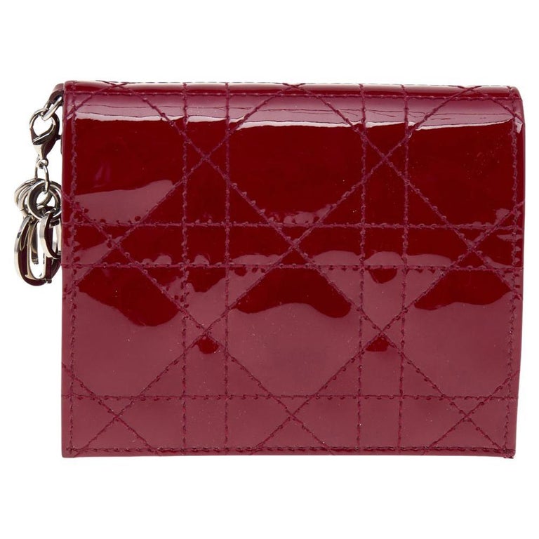 Dior Dark Red Cannage Patent Leather Mini Lady Dior Wallet at 1stDibs