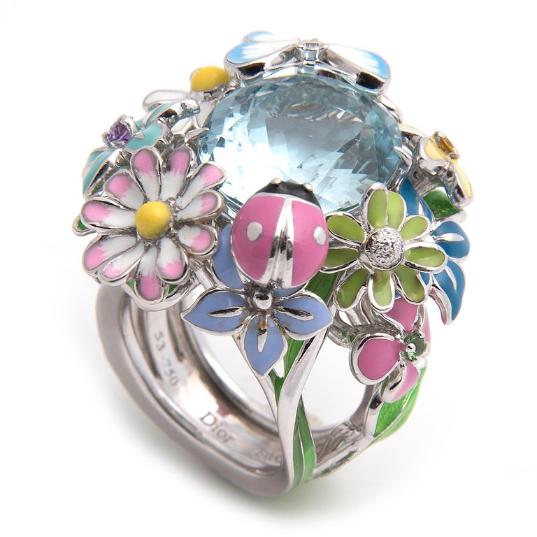 Dior 'Diorette' 18k White Gold, Lacquer and Aquamarine Flower Ring For ...