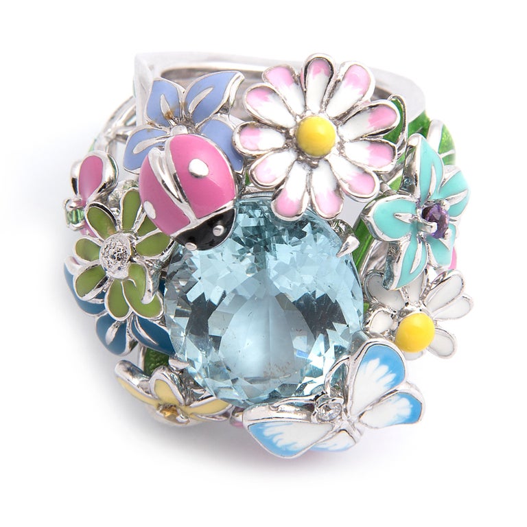 Dior 'Diorette' 18k White Gold, Lacquer and Aquamarine Flower Ring For ...