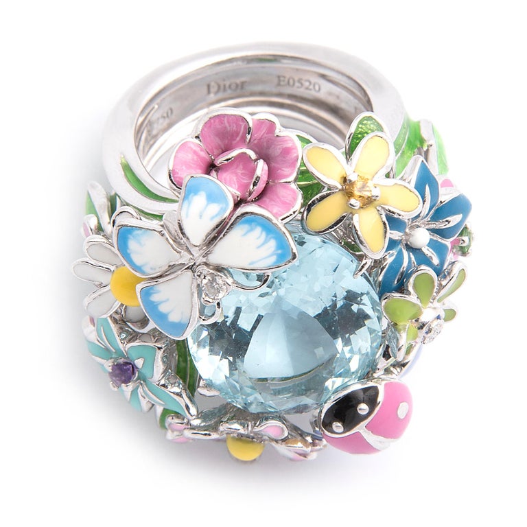 Dior 'Diorette' 18k White Gold, Lacquer and Aquamarine Flower Ring For ...