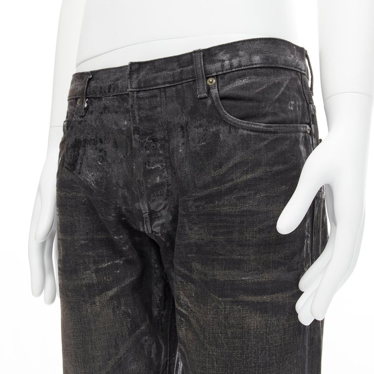 DIOR HOMME Hedi Slimane black wax coated claw mark jeans 33" For Sale ...