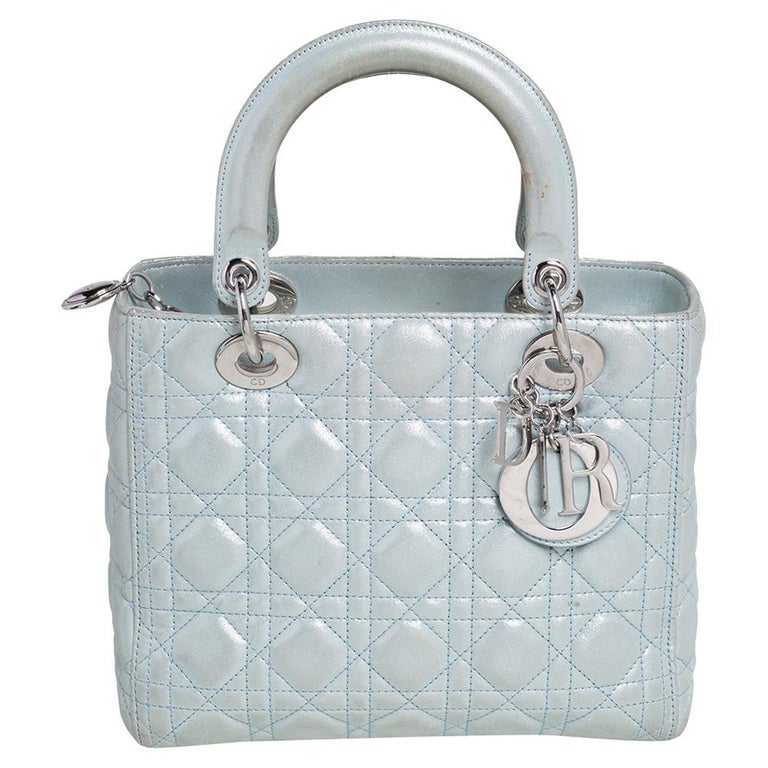 Dior Light Blue Cannage Shimmery Leather Medium Lady Dior Tote at 1stDibs