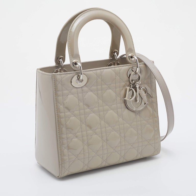 Dior Light Grey Cannage Patent Leather Medium Lady Dior Tote For Sale ...