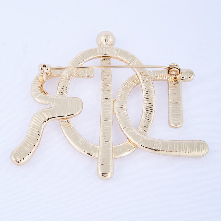 Dior Logo Gold Rope Typographic Faux Pearl Brooch For Sale at 1stDibs