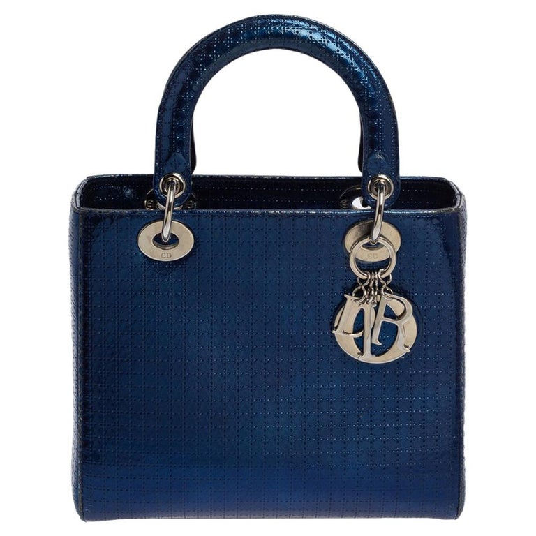 Dior Metallic Blue Microcannage Patent Leather Medium Lady Dior Tote at ...