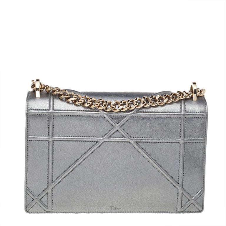 Dior Metallic Grey Leather Medium Diorama Flap Shoulder Bag at 1stDibs