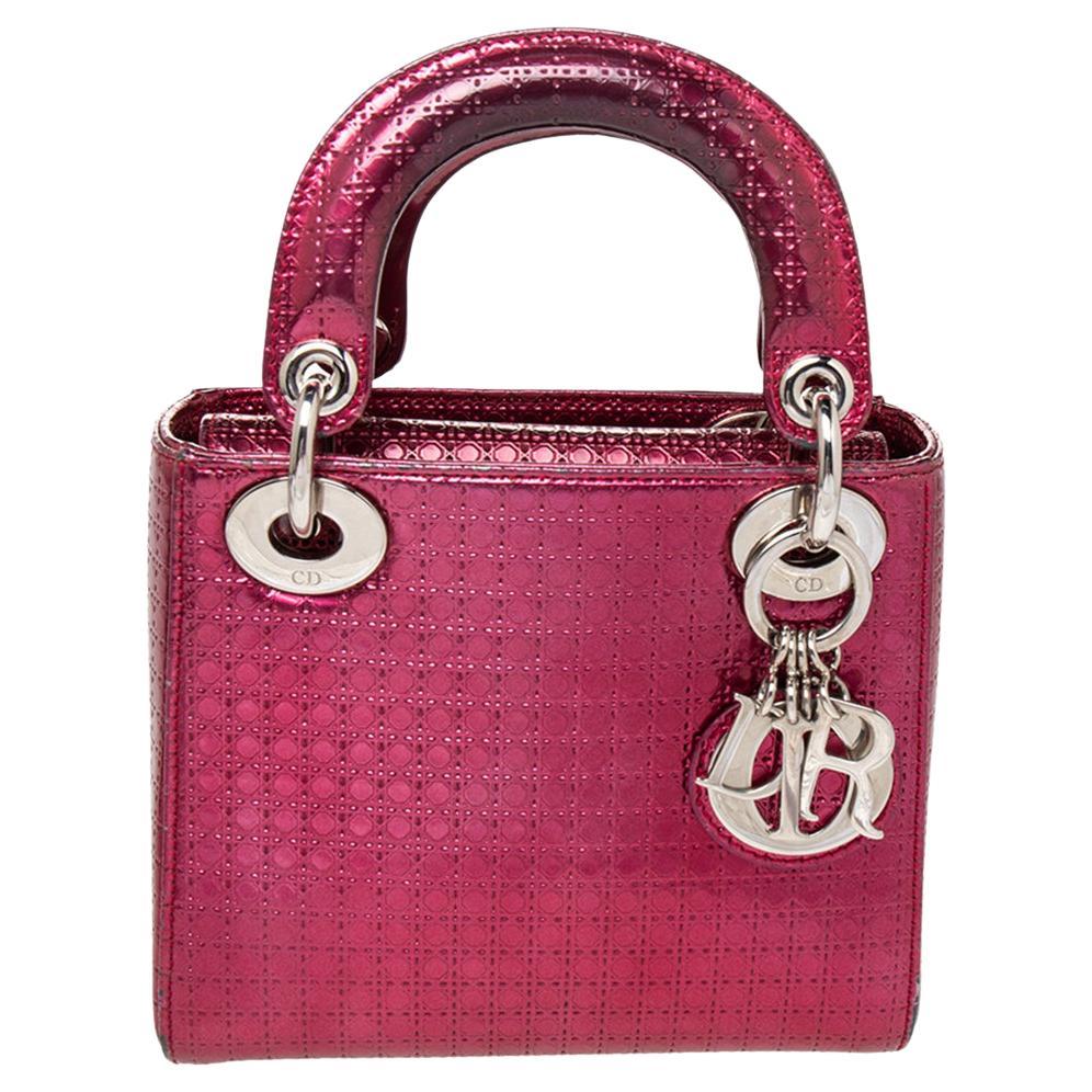 Dior Metallic Hot Pink Micro Cannage Leather Mini Lady Dior Tote For ...