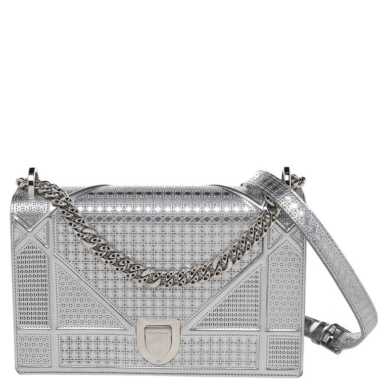 Dior Metallic Silver Micro Cannage Leather Medium Diorama Shoulder Bag ...