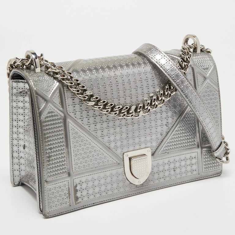 Dior Metallic Silver Micro Cannage Patent Leather Medium Diorama ...