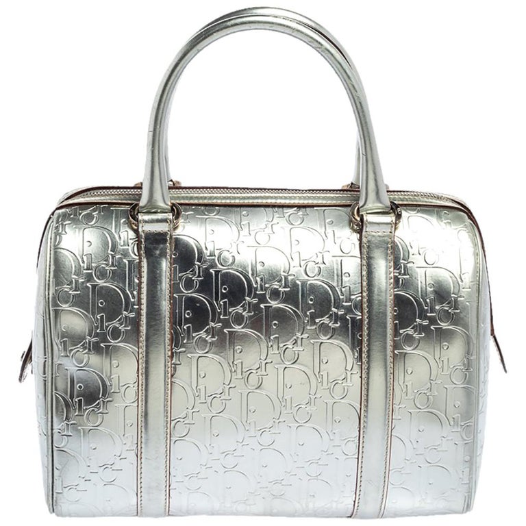 Dior Metallic Silver Oblique Monogram Leather Boston Bag at 1stDibs