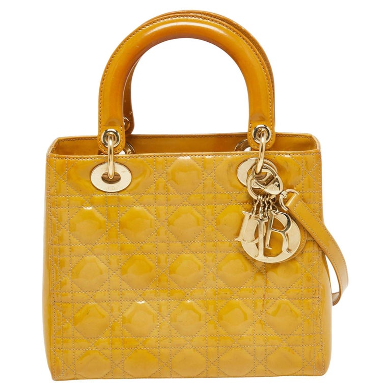 Dior Mustard Cannage Patent Leather Medium Lady Dior Tote For Sale at ...
