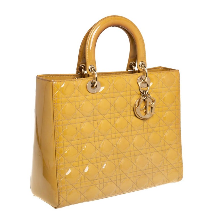 Dior Mustard Yellow Cannage Patent Leather Large Lady Dior Tote at 1stDibs