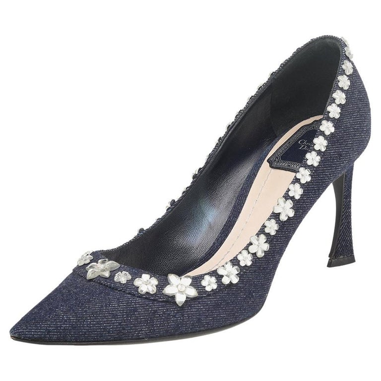 Dior Navy Blue Denim Crystal Embellished Pointed Toe Pumps Size 38.5 at ...
