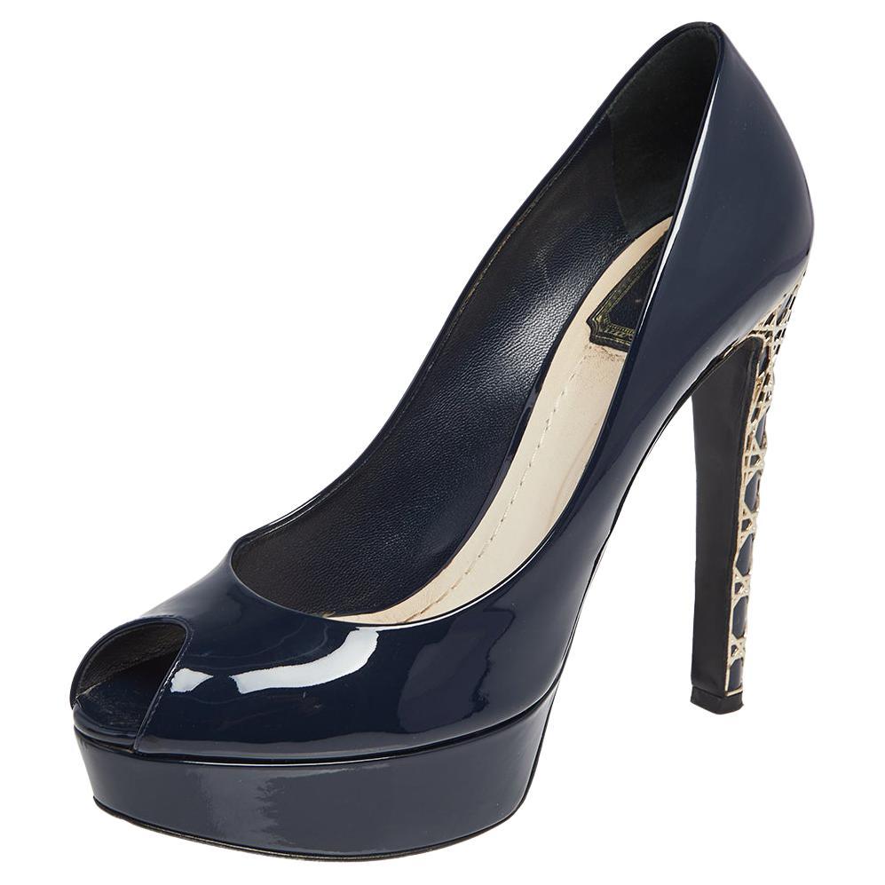 Dior Navy Blue Patent Leather Metal Cannage Heel Peep Toe Platform ...