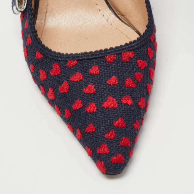 Dior Navy Blue/Red Canvas heart Jadior Slingback Pumps Size 37 For Sale ...