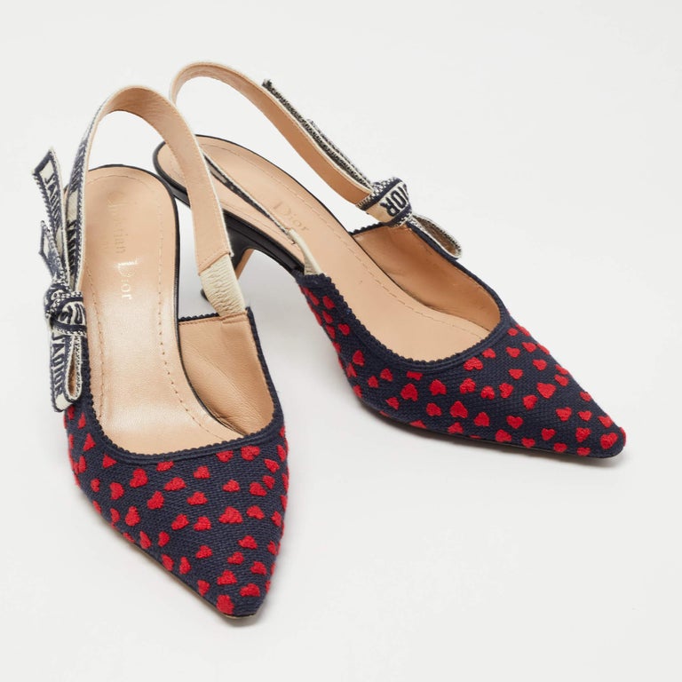 Dior Navy Blue/Red Canvas heart Jadior Slingback Pumps Size 37 For Sale ...