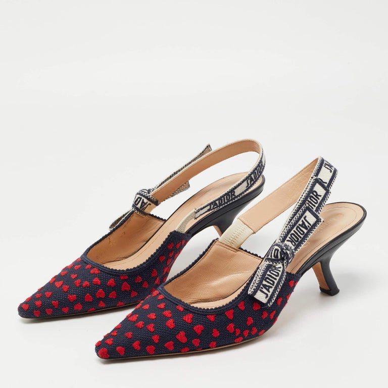 Dior Navy Blue/Red Canvas heart Jadior Slingback Pumps Size 37 For Sale ...