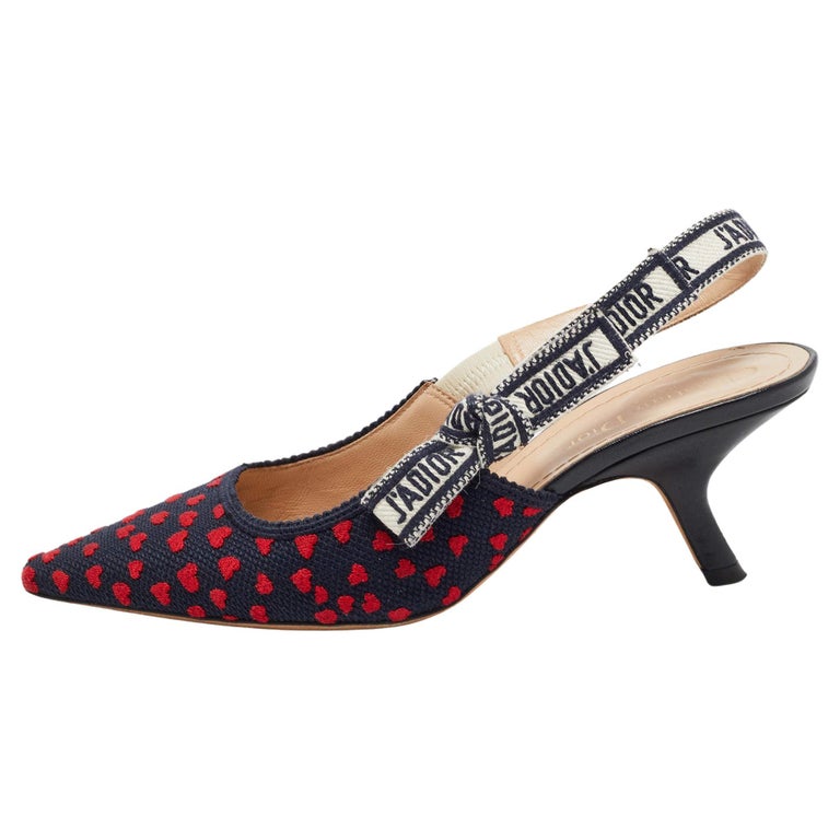 Dior Navy Blue/Red Canvas heart Jadior Slingback Pumps Size 37 For Sale ...