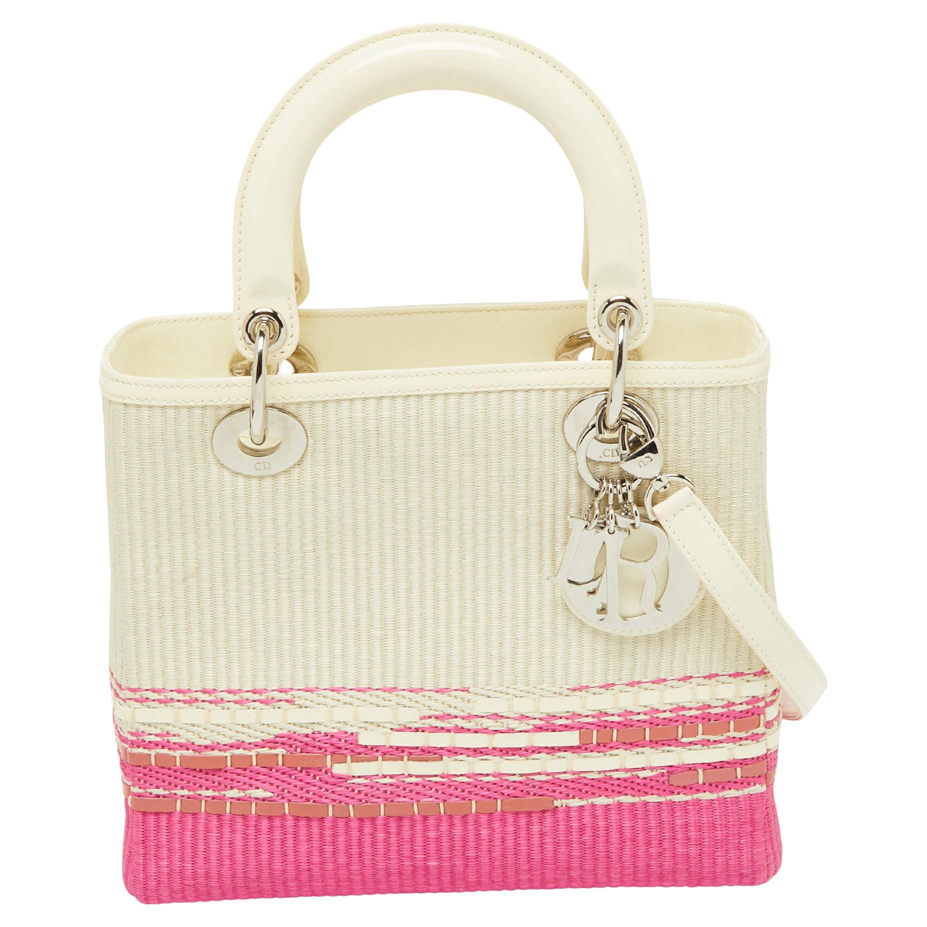 Dior Off White/Pink Raffia and Patent Leather Medium Lady Dior Tote For ...
