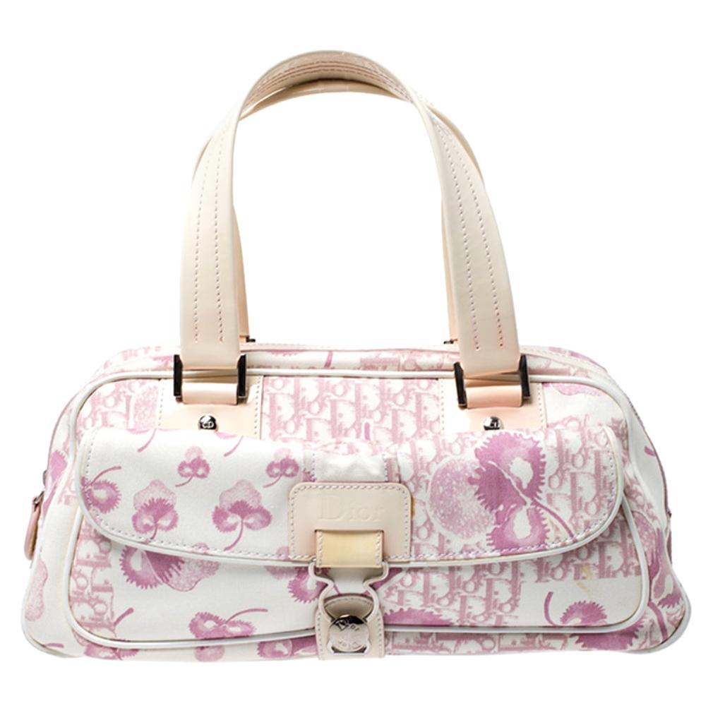 Dior Pink/Cream Floral Print Canvas and Patent Leather Satchel For Sale ...