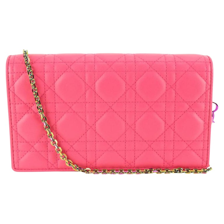Dior Pink Lambskin Quilted Cannage Lady Pouch with Rainbow Hardware ...