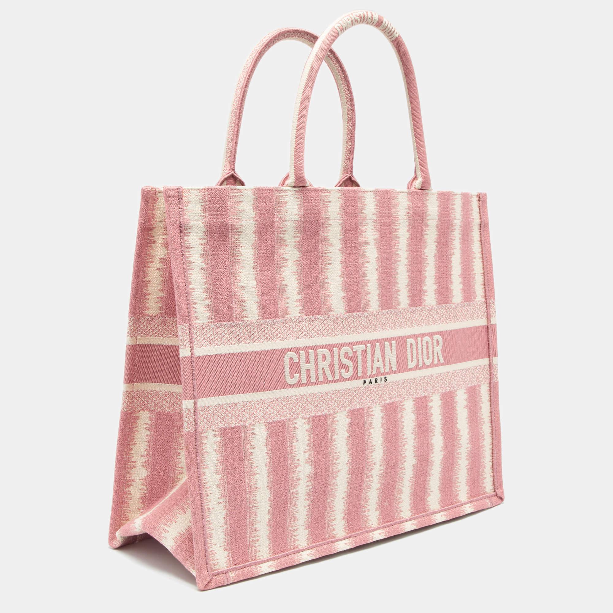 Dior Pink/White Oblique Embroidery Canvas D-Stripe Book Tote For Sale ...