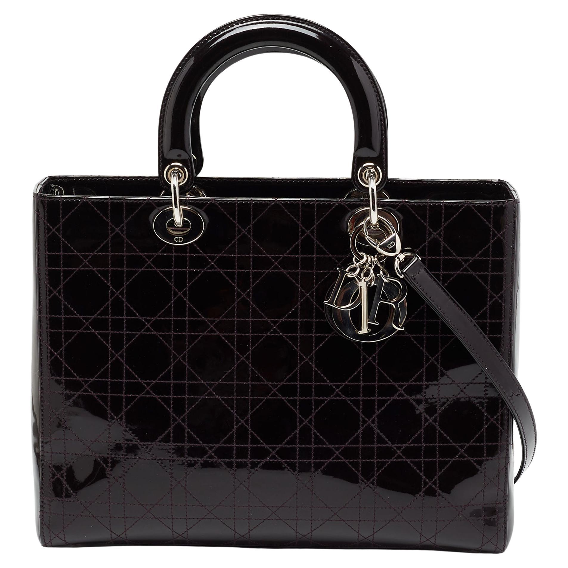 Dior Plum Cannage Patent Leather Large Lady Dior Tote For Sale at 1stDibs
