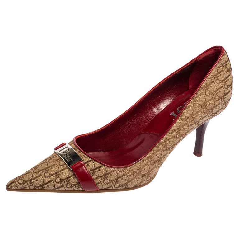Dior Red-Beige Oblique Canvas And Leather Logo Pointed Toe Pumps Size ...