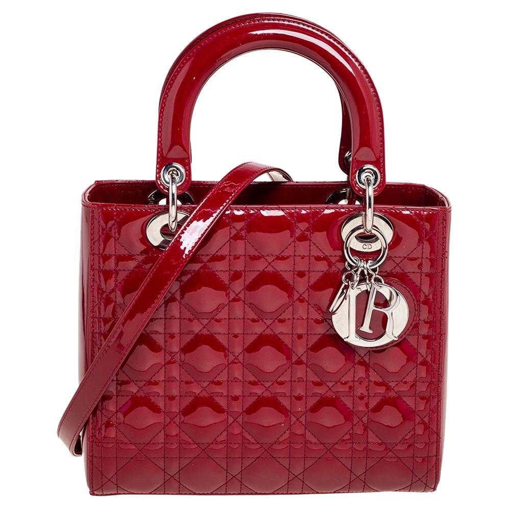 Dior Red Cannage Patent Leather Medium Lady Dior Tote at 1stDibs