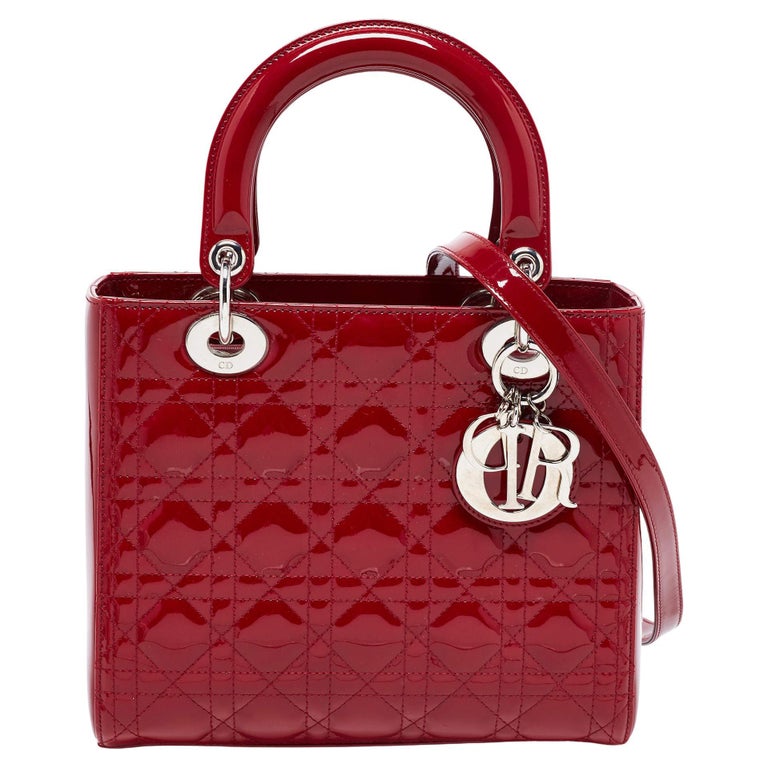 Dior Red Cannage Patent Leather Medium Lady Dior Tote For Sale at 1stDibs