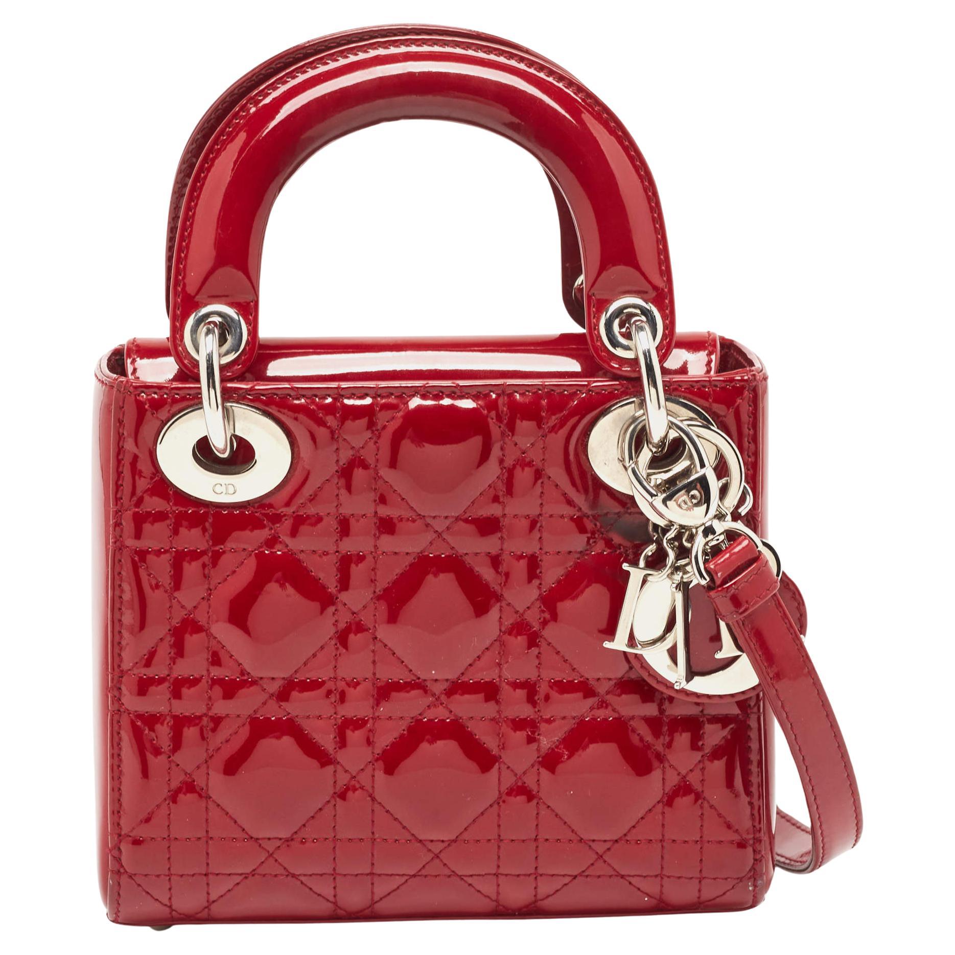Dior Red Cannage Patent Leather Mini Lady Dior Tote For Sale at 1stDibs