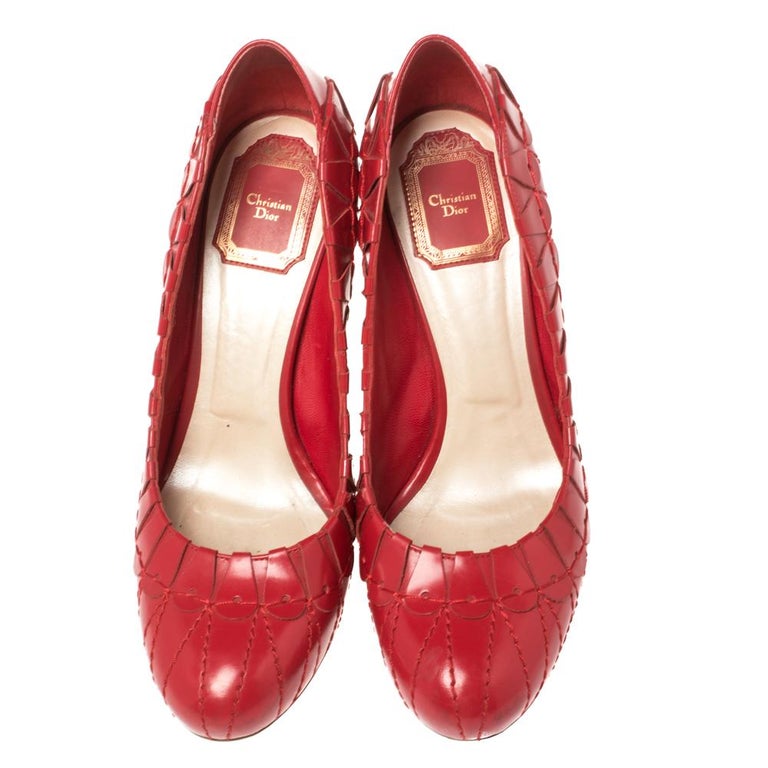 Dior Red Embroidered Leather Platform Pumps Size 38 For Sale at 1stDibs