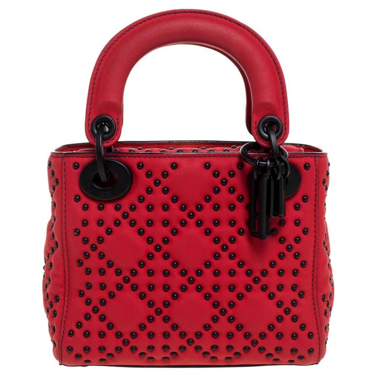 Dior Red Matte Studded Leather Mini Lady Dior Tote at 1stDibs
