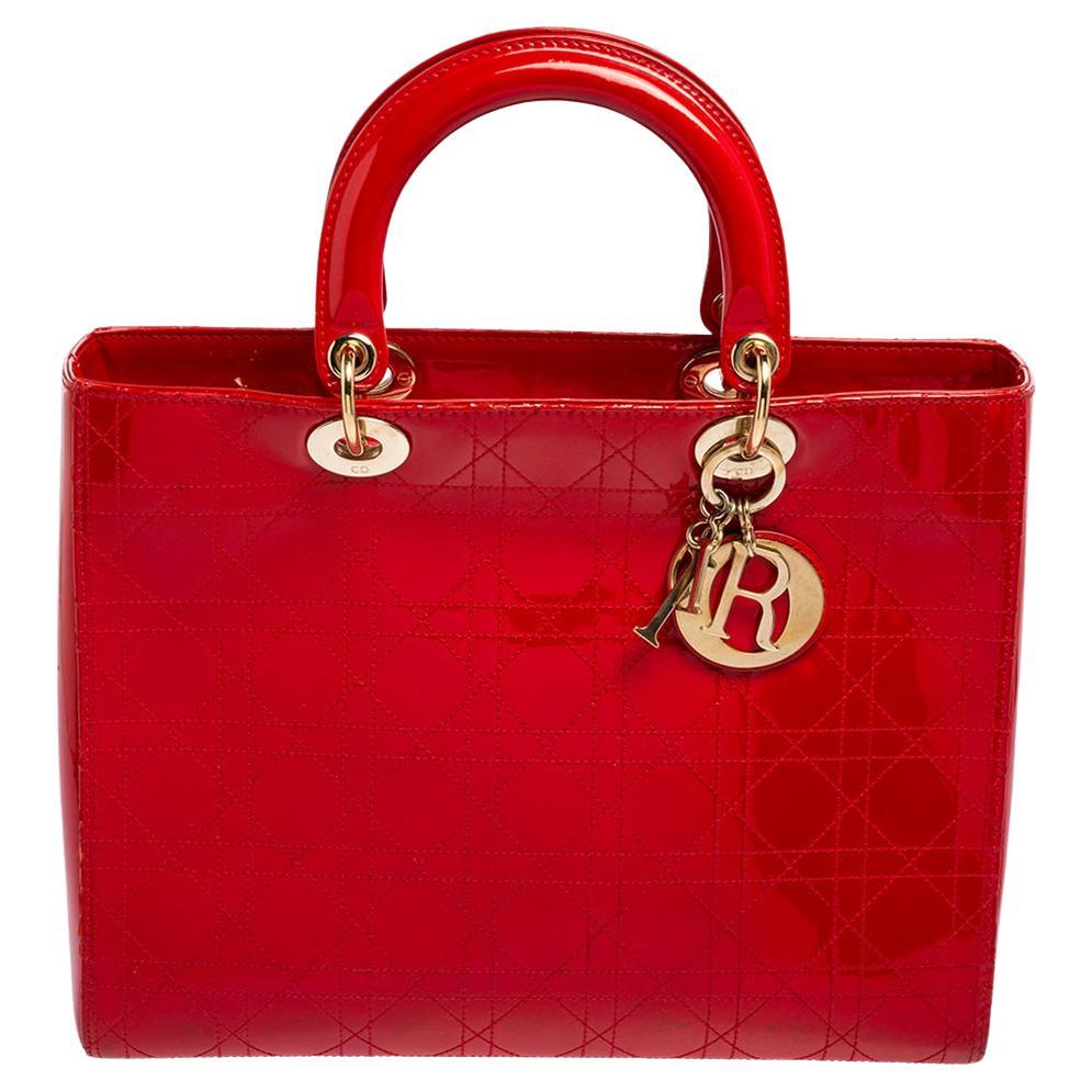 Dior Dark Red Cannage Patent Leather Large Lady Dior Tote at 1stDibs