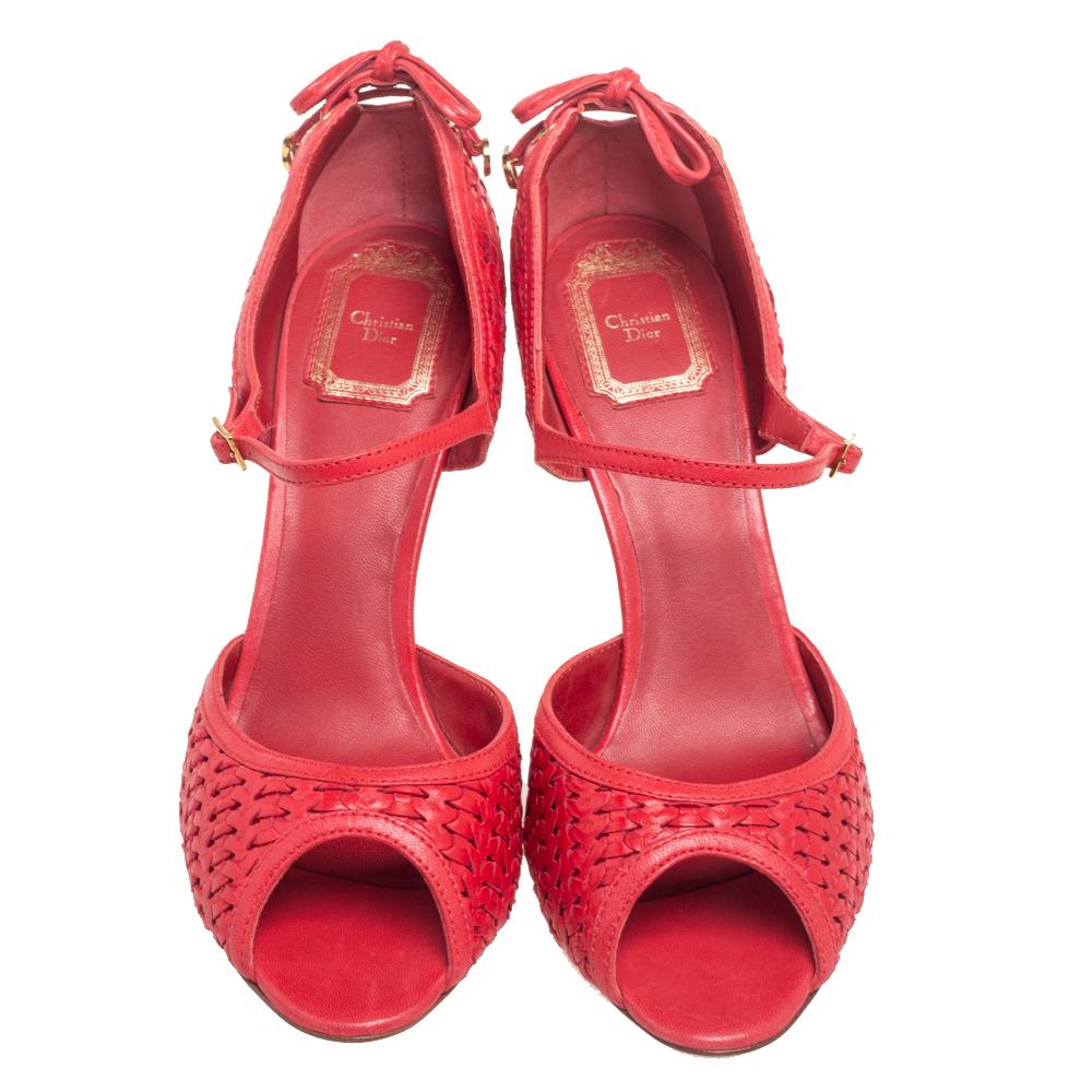 Dior Red Woven Leather Ankle Strap Sandals Size 40.5 For Sale at ...
