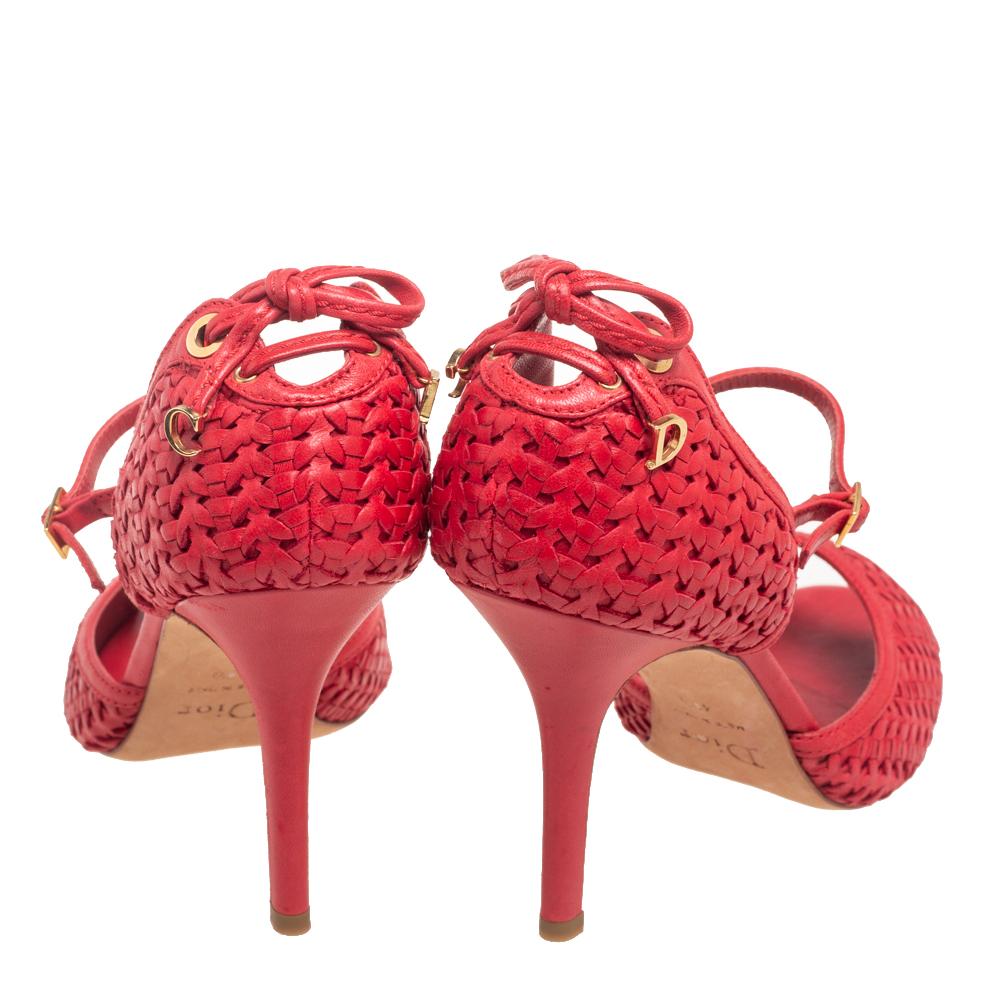 Dior Red Woven Leather Ankle Strap Sandals Size 40.5 For Sale at ...