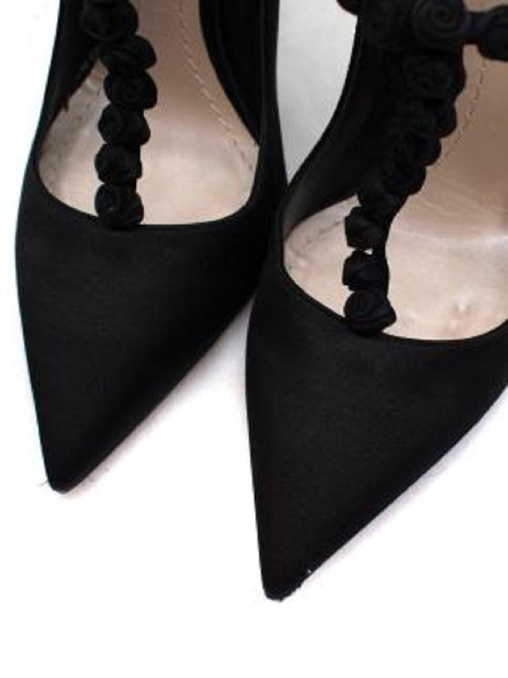 Dior Rose Embellished T-Bar Black Satin Pumps For Sale at 1stDibs